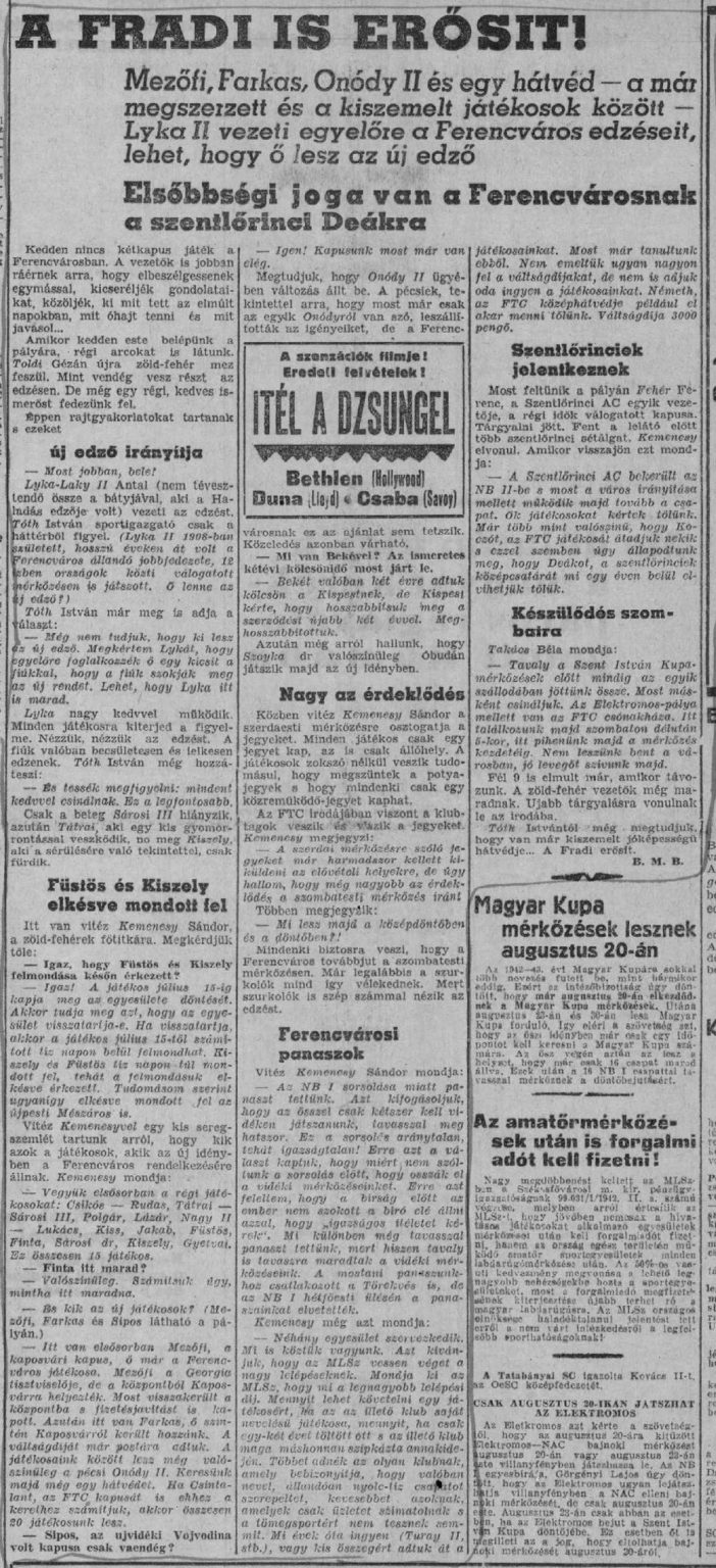 1942.VIII.5. Ferencváros – OeSC 2:0 (edzőmérkőzés) | Tempó, Fradi!